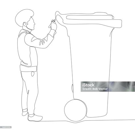 쓰레기통을 손가락으로 가리키는 남자의 연속적인 줄 가는 선 그림 벡터 개념입니다 등고선 그리기 창의적인 아이디어 가리키기에 대한