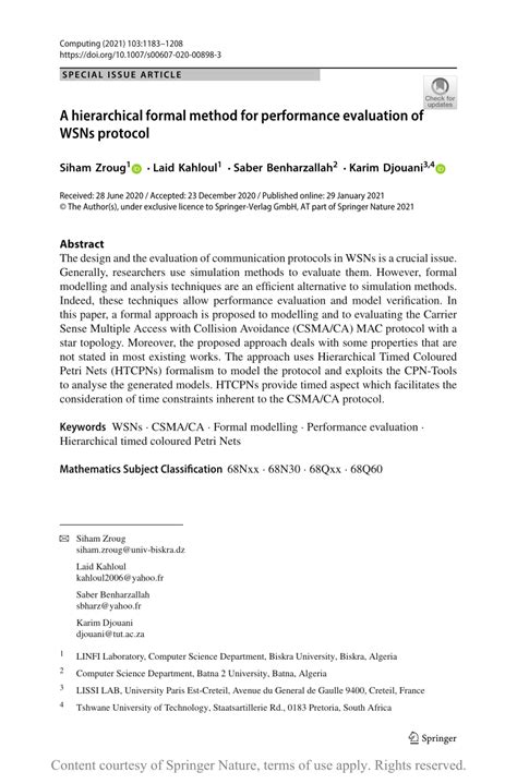 A Hierarchical Formal Method For Performance Evaluation Of Wsns Protocol Request Pdf