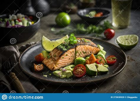 Grilled Salmon Fillet And Fresh Green Vegetable Illustration Ai