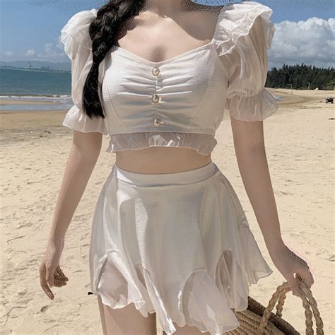 당일출고 화이트 비키니원피스 스퀘어넥 퍼프 반팔 어깨커버 크롭탑 진주 밴딩 플레어 미니 스커트 투피스 3피스 모노키니 썸머