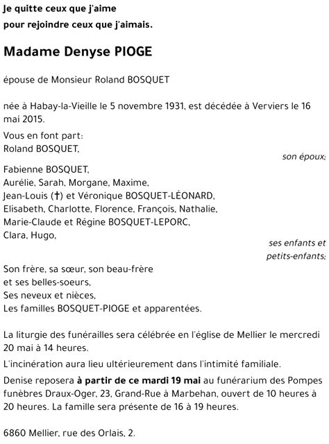 Avis De Décès De Denyse Pioge Décédé Le 16052015 à Verviers Annonce Condoléances Fleurs