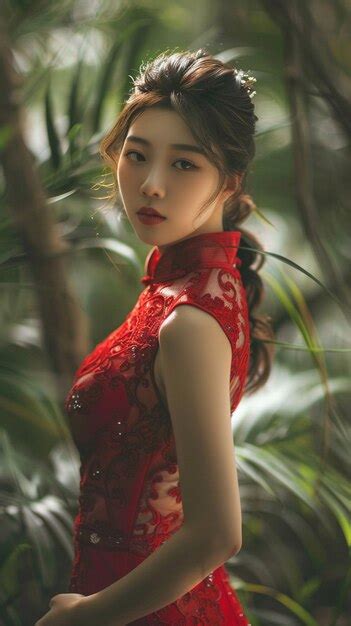 a close up of a woman in a red dress posing for a picture generative ai