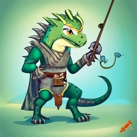 Cartoon Lizardfolk Fishing With A Happy Expression