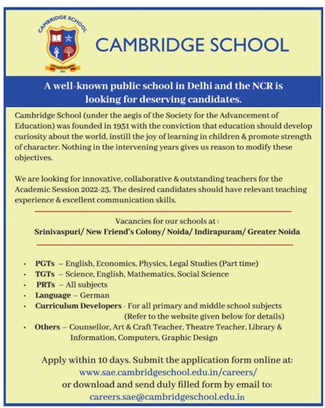 Cambridge School Delhi Wanted PGT TGT PRT FacultyPlus