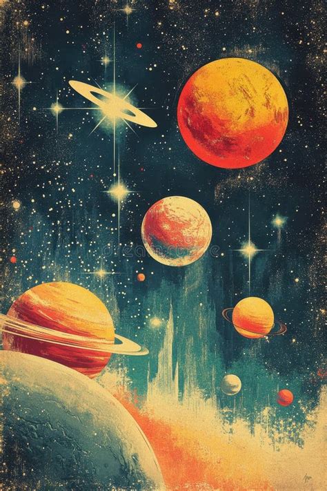 Retro Space Art Planets Galaxy Stars Cosmos Vintage Artwork Stock Illustration Illustration Of