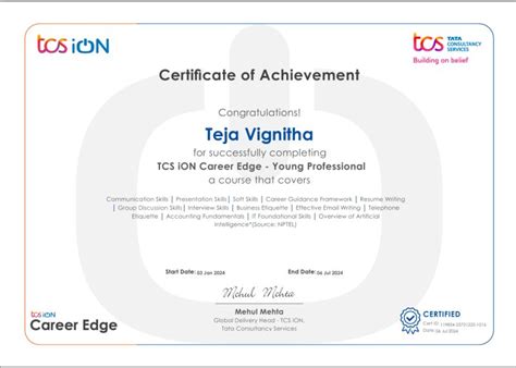 Completed Tcs Ion Career Edge Young Professional Teja Vignitha