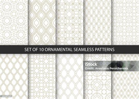 10 동양 패턴의 컬렉션입니다 아랍어 장식품이 있는 흰색과 금색 배경 패턴 배경 및 디자인을위한 배경 화면 섬유 장식 벡터 그림입니다 0명에 대한 스톡 벡터 아트 및 기타
