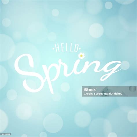 안녕하세요 봄입니다 밝은 파란색 배경에 텍스트 배너입니다 조명 Bokeh를 추상화 합니다 디자인에 대 한 배경입니다 레터링 그리고 서 예입니다 봄 꽃입니다 벡터