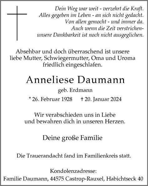 Traueranzeigen Von Anneliese Daumann Sich Erinnern De