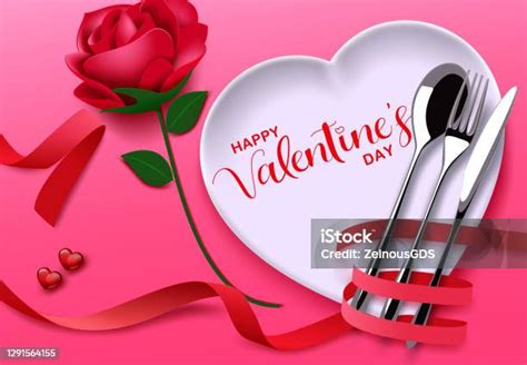 발렌타인 데이트 벡터 배경 디자인 로맨틱 발렌타인 디너 데이트 디자인에 대한 하트 플레이트와 빨간 장미와 해피 발렌타인 데이