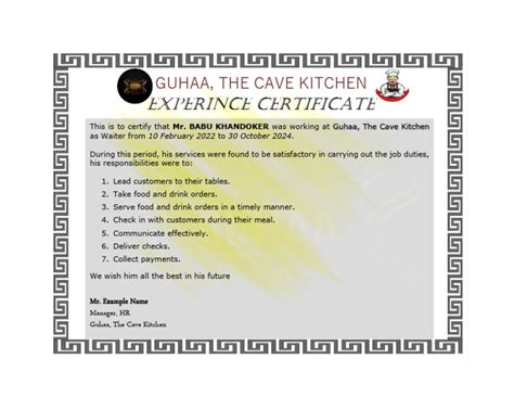 Cook Experience Certificate Babu Pdf