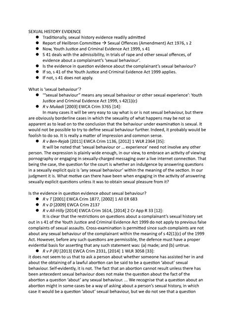 Sexual History Evidence Sexual History Evidence Traditionally Sexual