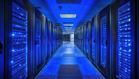 Interior Of A High Tech Data Center With Illuminated Server Racks At Night Stock Image Image