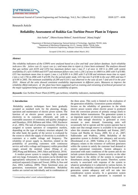 Pdf Reliability Assessment Of Rukhia Gas Turbine Power Plant