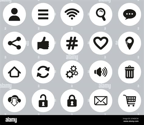 App Menu Icons Black And White Flat Design Circle Set Big Stock Vector