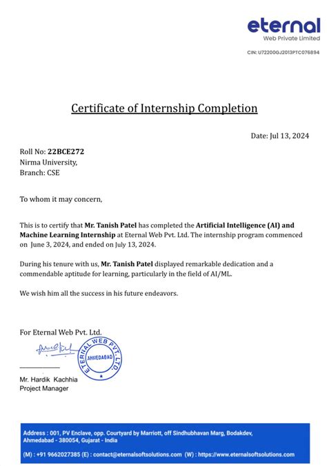 Tanish Patel On Linkedin Ai Machinelearning Internshipexperience