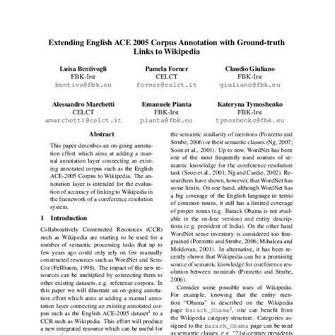 Extending English Ace 2005 Corpus Annotation With Ground Truth Links To Wikipedia Acl Anthology