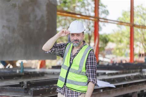 Cheerful Engineer Man On Construction Site Caucasian Foreman Worker Checking Project At Precast