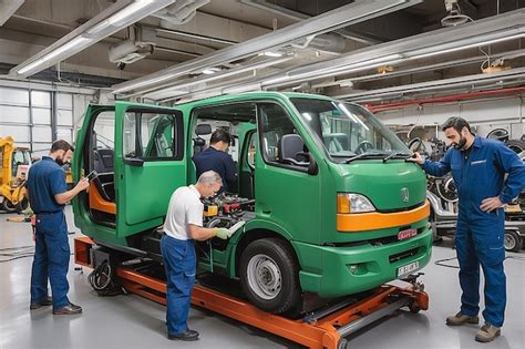 Workers Assemble A Car On Assembly Line In Car Factory Premium Ai