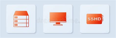Set Computer Monitor Screen Server Data Web Hosting And Sshd Card White Square Button Stock