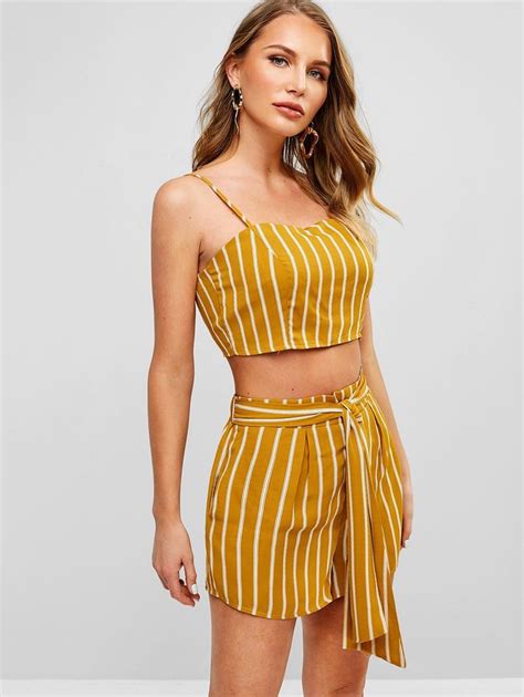 Zaful Striped Cami Top And Knotted Shorts Set Orange Gold Affiliate