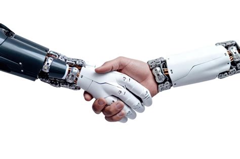 흰색 배경 인공 지능 사업 거래에 고립 된 휴머노이드 로봇 악수 프리미엄 Ai 생성 이미지