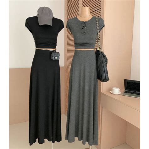 슬림 반팔티셔츠 플레어 롱스커트 셋업