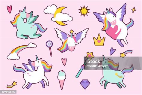 마법 요소와 귀여운 만화 유니콘의 세트 벡터 격리된 일러스트레이션 엽서 포스터 보육원 디자인 인사말 카드 스티커 실내 장식 보육 티셔츠 초대장 책 Eps 0명에 대한 스톡