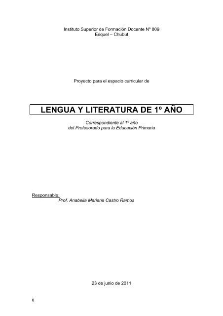Proyecto Lengua y Literatura 1º año ISFD 809