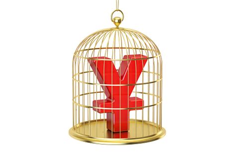 내부 엔 또는 위안 통화 기호로 Birdcage 3d 렌더링 흰색 배경에 고립 3차원 형태에 대한 스톡 사진 및 기타 이미지