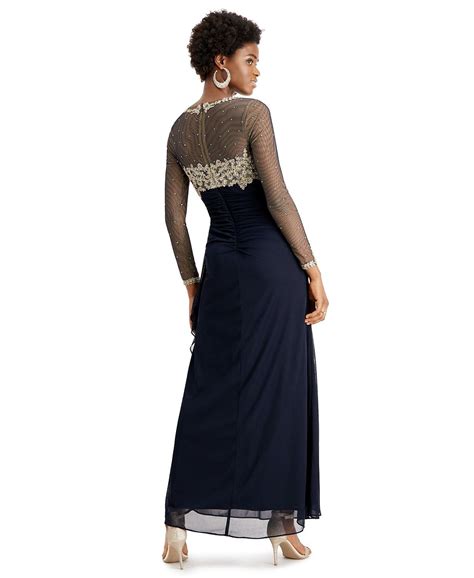 Xscape Womens Sequin Embellished Ruched Illusion Sleeve Gown Macys