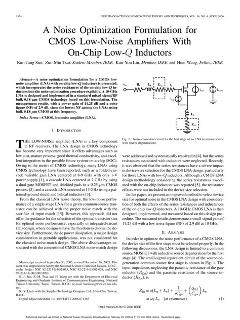 Pdf A Noise Optimization Formulation For Cmos Low Noise Amplifiers With On Chip Low Q Inductors