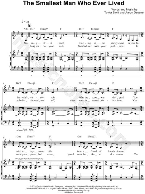 Taylor Swift The Smallest Man Who Ever Lived Sheet Music In Bb Major Transposable Download