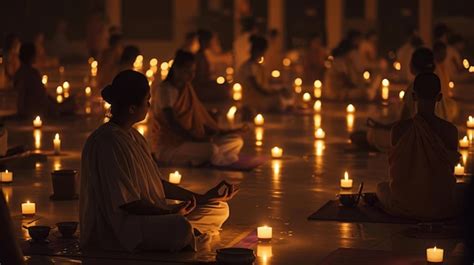 Practitioners Engaging In Candlelight Meditation During Vesak Premium