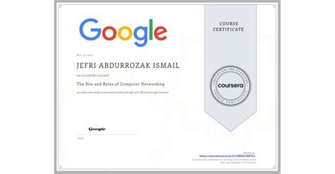Completion Certificate For The Bits And Bytes Of Computer Networking Jefri Abdurrozak Ismail