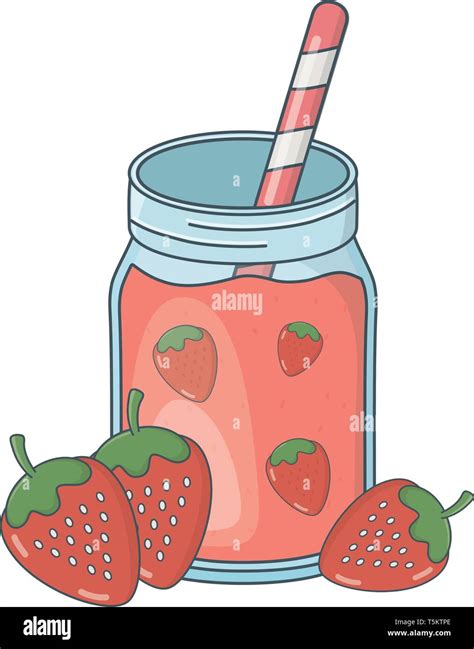 Delicious Tasty Refresh Red Fruits Juice Mason Jar Cartoon Vector