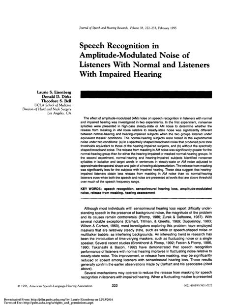 Pdf Speech Recognition In Amplitude Modulated Noise Of Listeners With Normal And Listeners