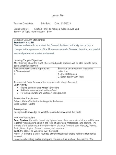 Earth Solar System Lesson Plan Pdf Solar System Planets