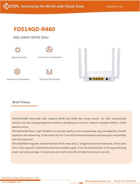 Cdata Xpon Onu Fd514gd R460 4ge 2wifi Datasheet Pdf