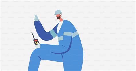 ヘルメットをかぶったビルダーの男性キャラクターはトランシーバーを持っています。白い背景に建築現場の請負業者の建築家が作業プロセスを管理する