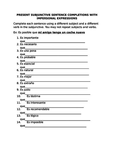Present Subjunctive Impersonal Expressions Sentence Completions