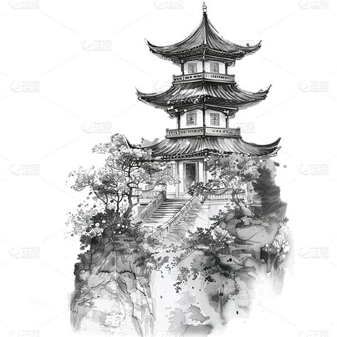 中国风通用水墨中式建筑组合元素素材