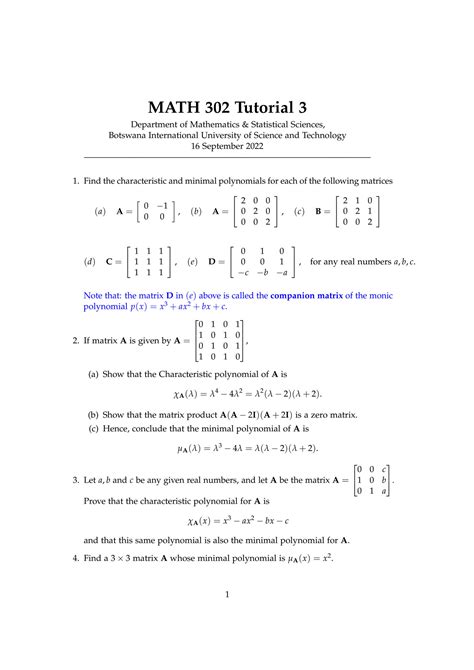 SOLUTION Characteristic Equations Diagonalization Of Matrices Tutorial Questions Part