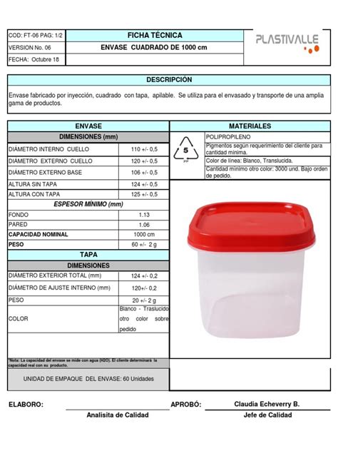 Ficha Tecnica Envase Cuadrado Pdf Sustancias Químicas Materiales