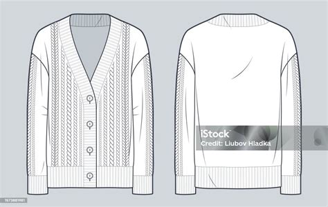 버튼 다운 가디건 테크니컬 패션 일러스트 땋은 머리 가디건 패션 플랫 기술 도면 템플릿 V 목 긴 소매 앞뒤보기 흰색 여성 남성 남녀 공용 Cad 모형 세트 스웨터에 대한