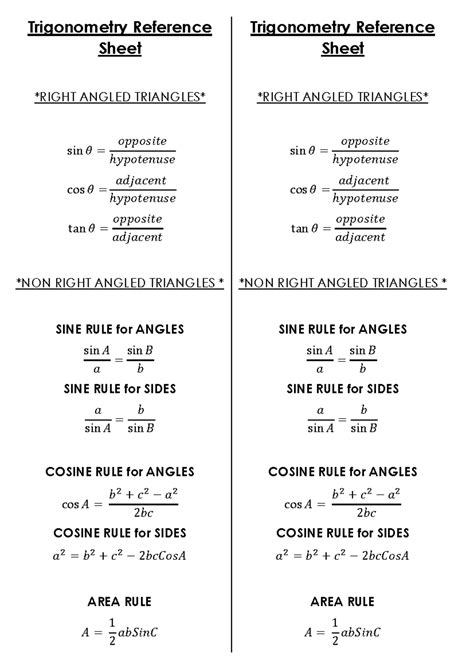 Trigonometry Reference Sheet Trigonometry Reference Sheet Right