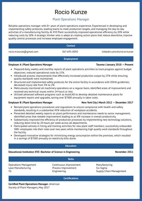 Plant Operations Manager Resume Cv Example And Writing Guide