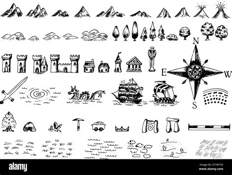 Fantasy Map Elements Medieval Icons Vector Line Art Hand Drawn Cartography Objects Stock