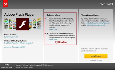 adobe flash player mcafee antivirus default install options r