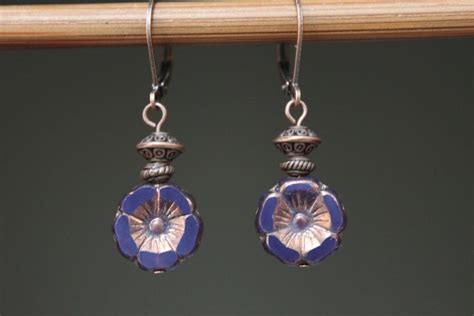 Purple Earrings Czech Glass Earrings Flower Earrings Purple Dangle
